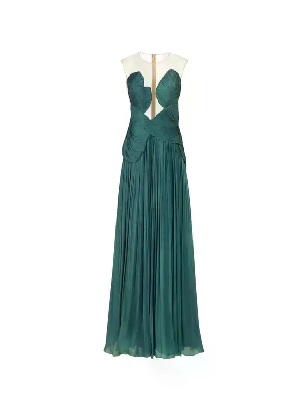 Costarellos Serenne Illusion-neckline, Pleated Gown - Green