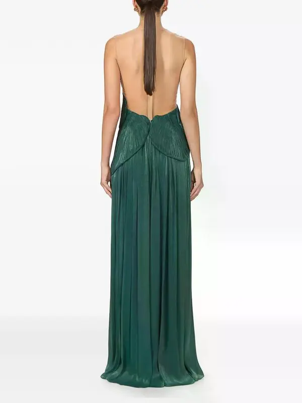 Serenne Illusion-neckline Pleated Gown - Green