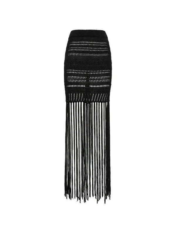 LANEUS Knitted Fringe Maxi Skirt - Black