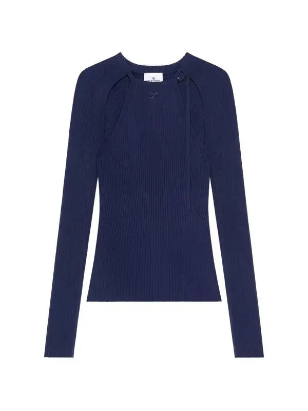 COURREGES Ribbed-knit Cut-out T-shirt - Blue