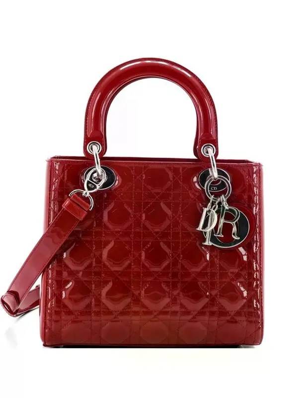 Dior Lady Bag Cannage Quilt Patent Medium Satchel - Red