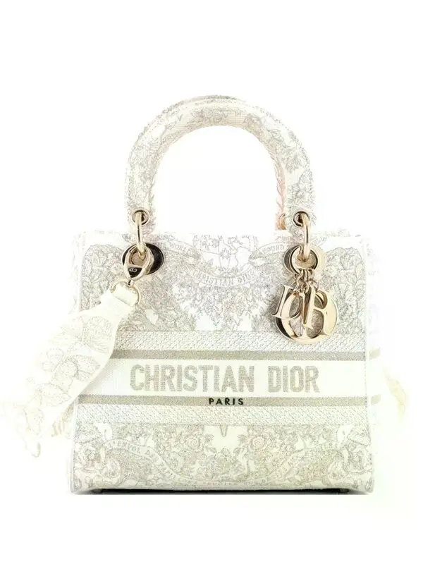 Dior Lady D-lite Bag Embroidered Canvas Medium Satchel - White