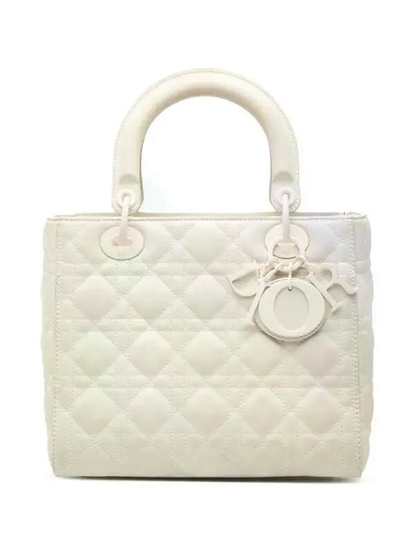 Dior 2019 Medium Lambskin Cannage Lady Satchel - White