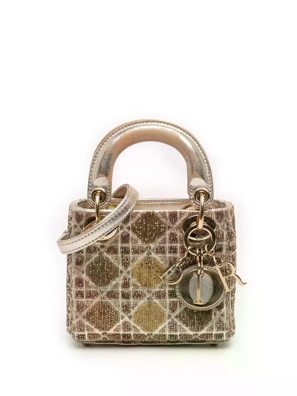 Dior 2021 Micro Metallic Calfskin Cannage Beaded Lady Satchel - Gold