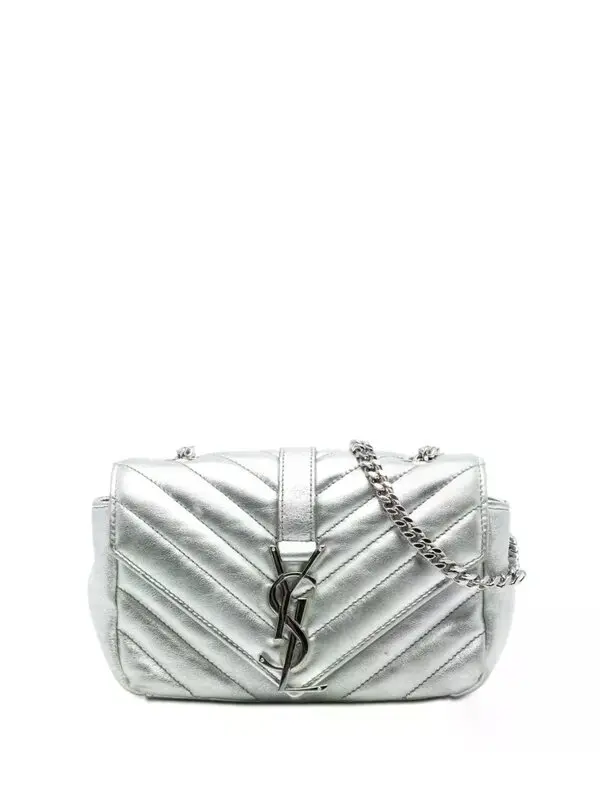 Saint Laurent 2016 Baby Metallic Calfskin Chevron Monogram Classic Chain Bag Crossbody Bag - Silver
