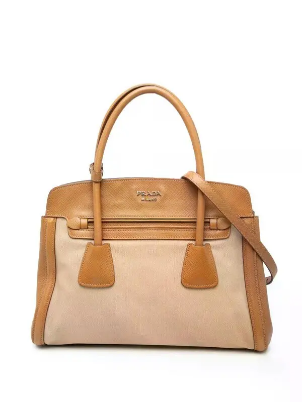 Prada 2010-2025 Saffiano Cuir Trimmed Canapa Satchel - Brown