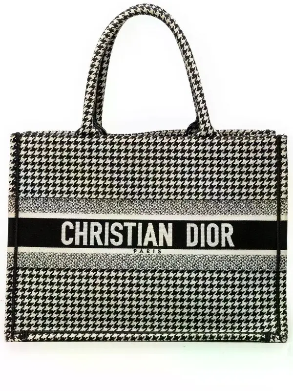 Dior 2019 Medium Canvas Houndstooth Embroidered Book Tote Bag - Black