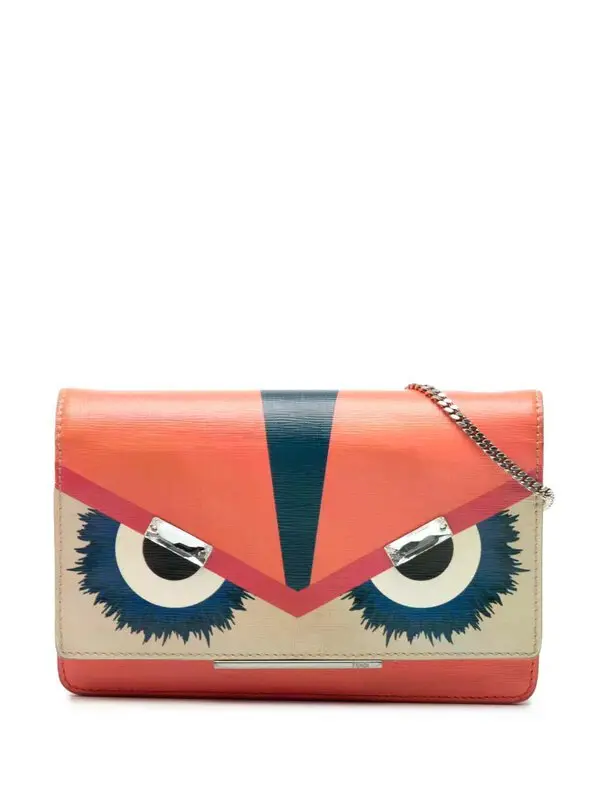 Fendi 2010-2025 Vitello Elite Crystal Eye Monster Continental Wallet On Chain Crossbody Bag - Orange