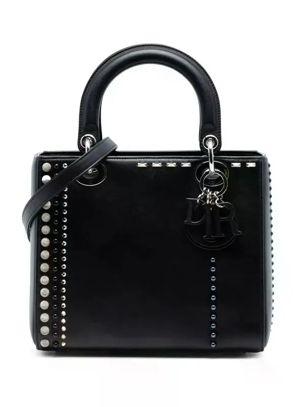 Dior 2015 Medium Lambskin Studded Crystal Pearl Lady Satchel - Black