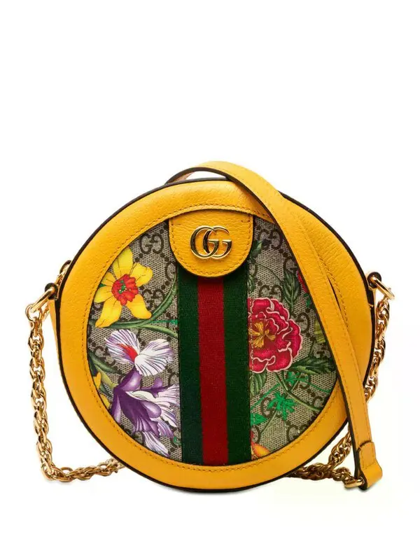Gucci 2016-2025 Mini Gg Supreme Flora Ophidia Round Crossbody Bag - Brown