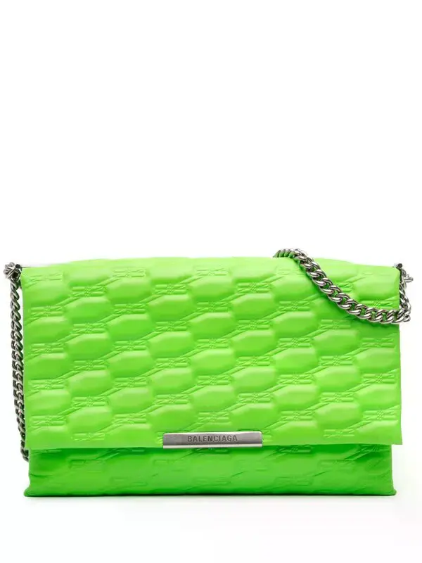 Balenciaga 2022 Embossed Leather Bb Monogram Chain Flap Shoulder Bag - Green