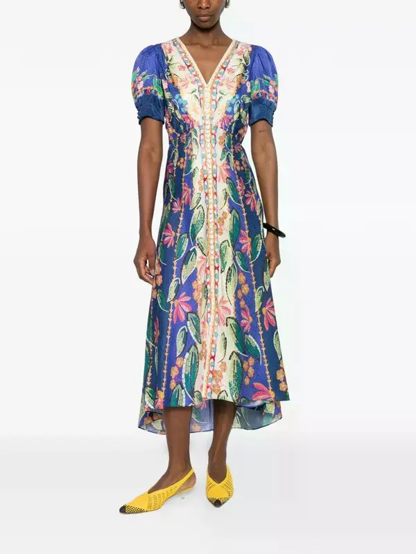 Saloni Lea Floral V-neck Midi Dress - Blue