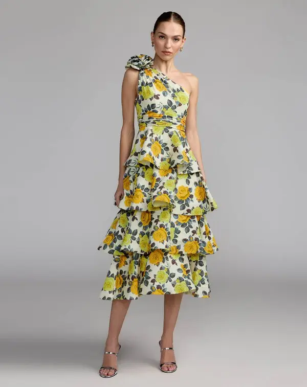 Mac Duggal Yellow One Shoulder Floral Tiered Midi Dress - Yellow Rose