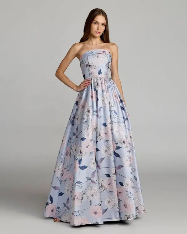Mac Duggal Blue Floral Brocade Strapless Ball Gown - Blue Multi