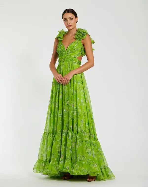 Mac Duggal Green Ruffle Tiered Floral Cut-out Chiffon Gown - Sage Multi