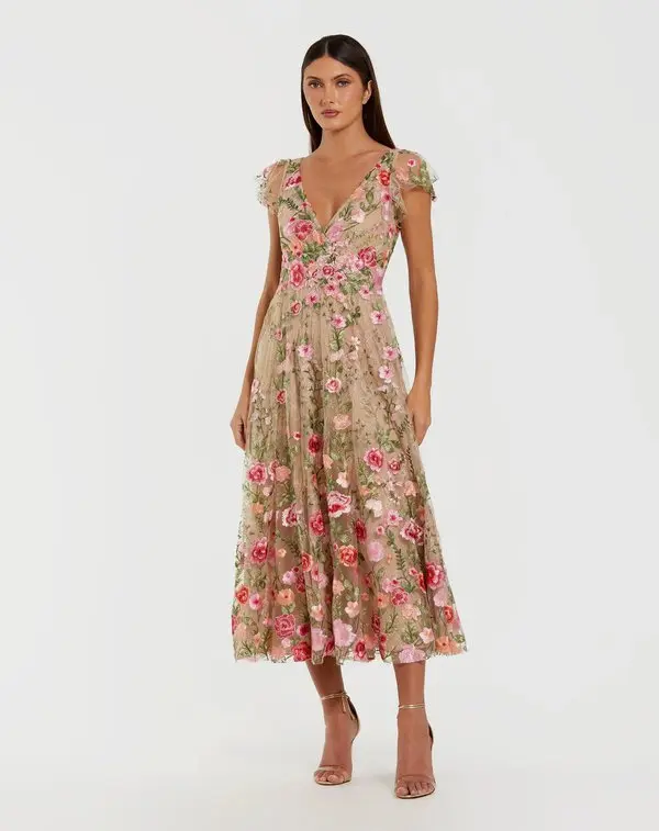 Mac Duggal Floral Embroidered Midi Dress - Nude Multi