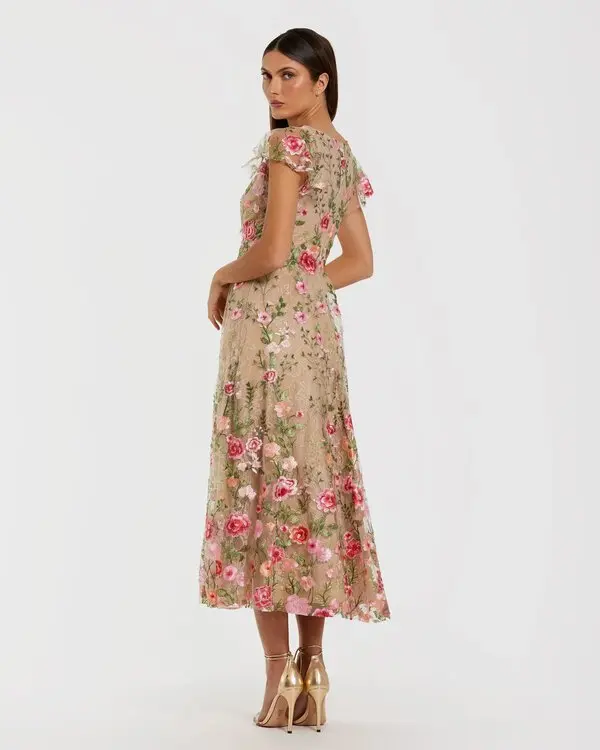 Mac Duggal Floral Embroidered Midi Dress