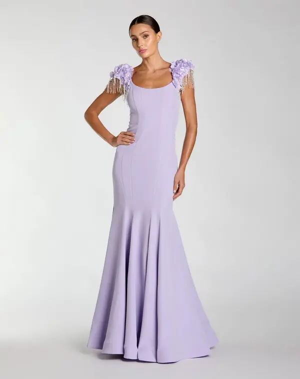 Mac Duggal Purple Scoop Neck Mermaid Gown With Embellished Sleeves - Lilac