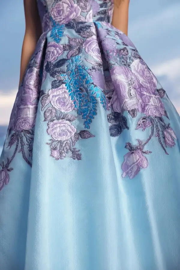 Mac Duggal Floral Embroidered Strapless Organza Midi Dress - Blue Multi |  Editorialist