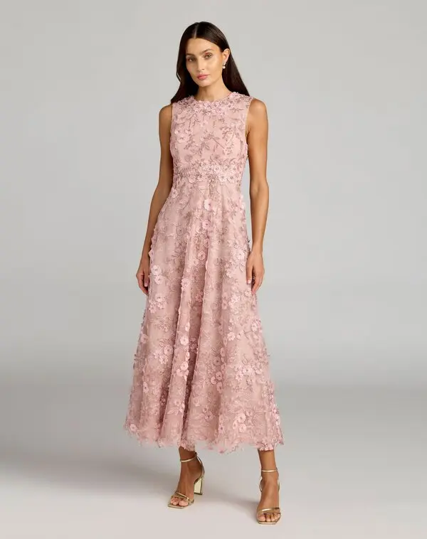 Mac Duggal Pink Floral Embroidered High Neck Midi Dress - Rose