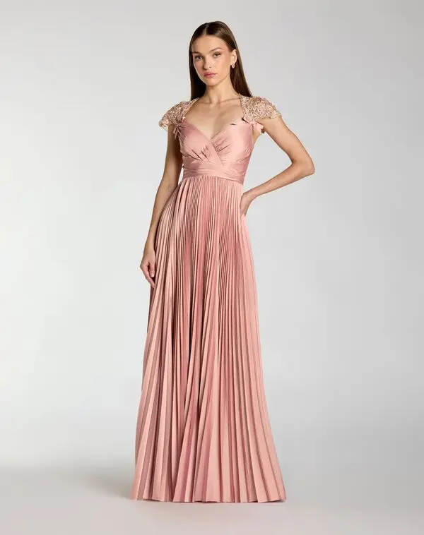 Mac Duggal Pink Pleated Charmeuse Embellished Cap Sleeve Gown - Rose