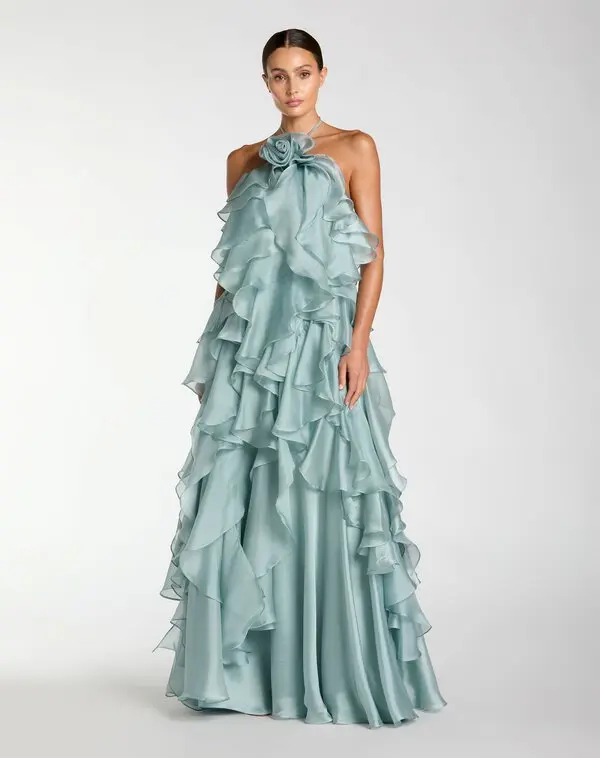 Mac Duggal Blue Organza Halter Neck Open Back Ruffle Gown - Mint