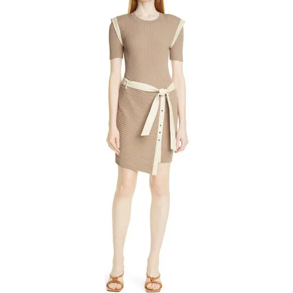 Simkhai Jonathan Hardin Compact Ribbed Belted Short Sleeve Dress