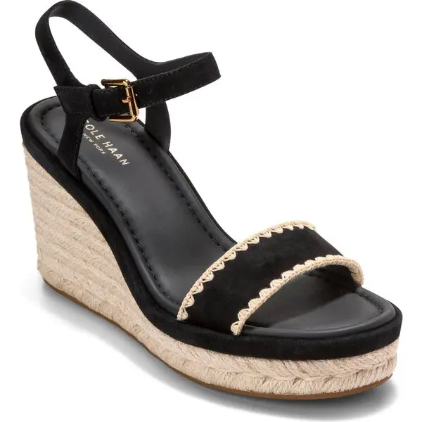 Cole Haan Asbury Cloudfeel Espadrille Wedge - Black Suede/natural Raffia
