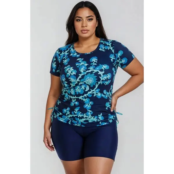 CALYPSA Short Sleeve Adele Swim Top And Navy Mid-thigh Swim Shorts Set - Barbados Blue