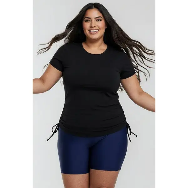 CALYPSA Short Sleeve Adele Swim Top And Navy Mid-thigh Swim Shorts Set - Black