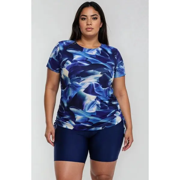CALYPSA Short Sleeve Swim Top With Mid-thigh Swim Shorts Set - Navy Wave