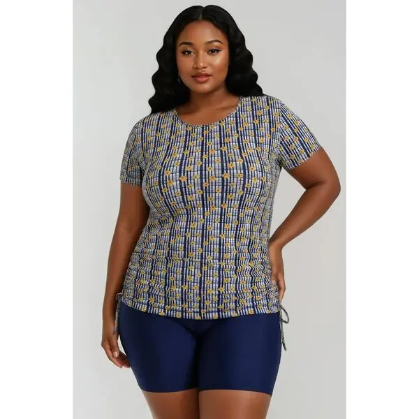 CALYPSA Short Sleeve Swim Top With Mid-thigh Swim Shorts Set - Sunflower Picnic
