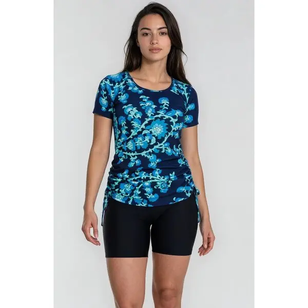 CALYPSA Short Sleeve Swim Top And Mid-thigh Swim Shorts Set - Barbados Blue