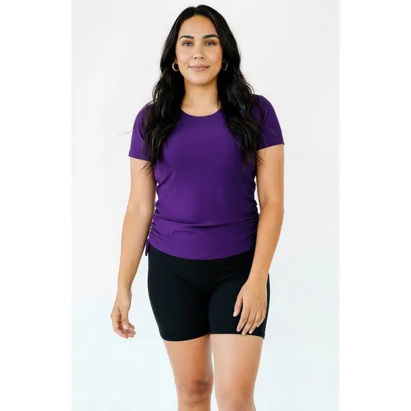 CALYPSA Short Sleeve Adele Swim Top And Black Mid-thigh Swim Shorts Set - Eggplant