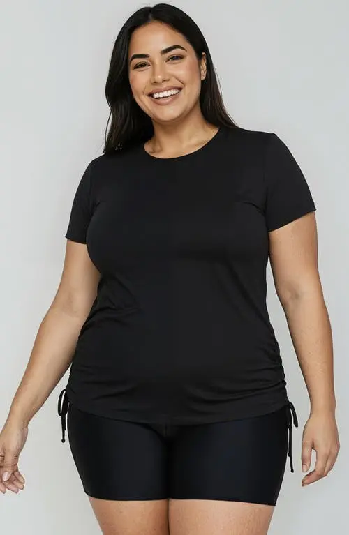 CALYPSA Short Sleeve Swim Top And Mid-thigh Swim Shorts Set - Black