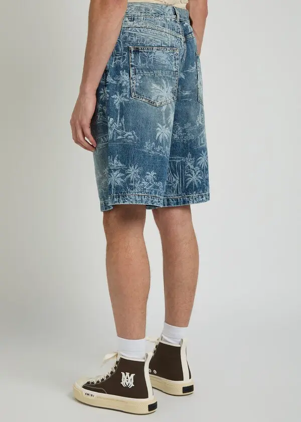 Amiri Palm Printed Denim Shorts - Indigo