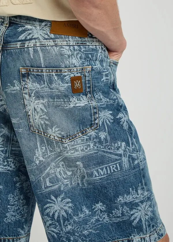 Amiri Palm Printed Denim Shorts - Indigo