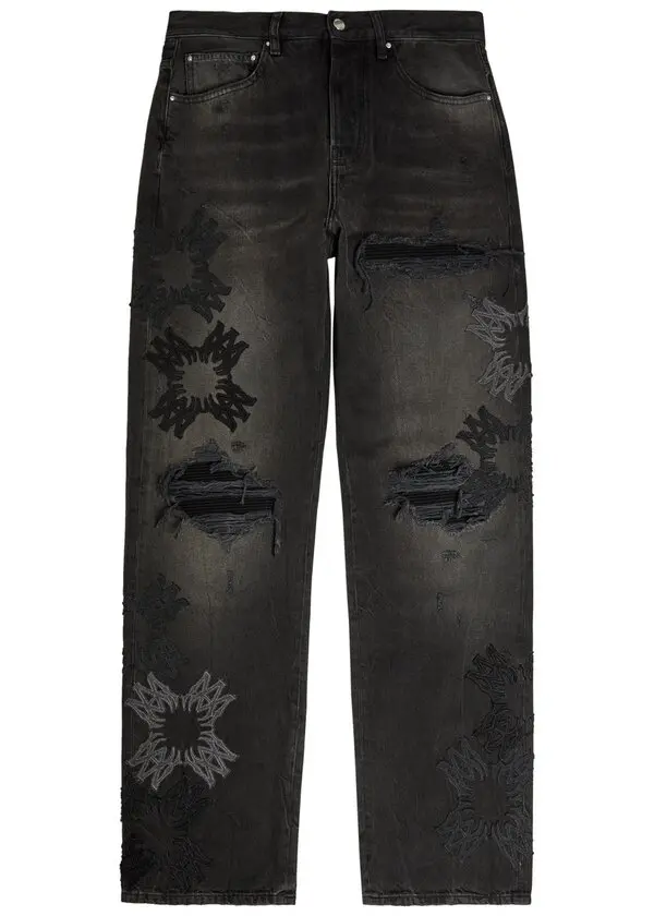 Amiri Distressed Logo-appliquéd Straight-leg Jeans - Denim