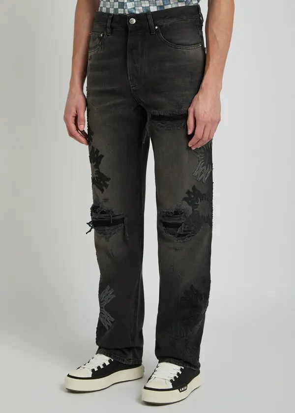 Amiri Distressed Logo-appliquéd Straight-leg Jeans - Denim