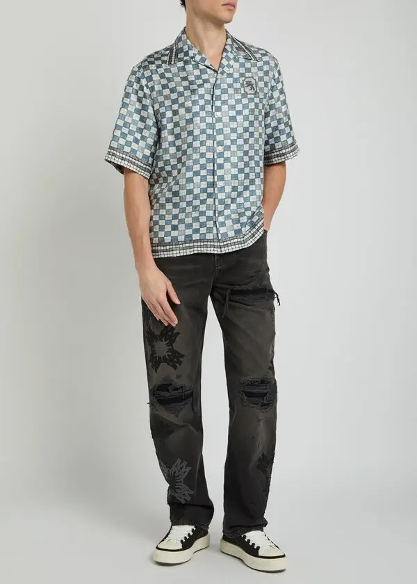 Amiri Distressed Logo-appliquéd Straight-leg Jeans - Denim