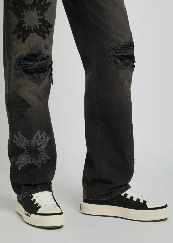 Amiri Distressed Logo-appliquéd Straight-leg Jeans - Denim