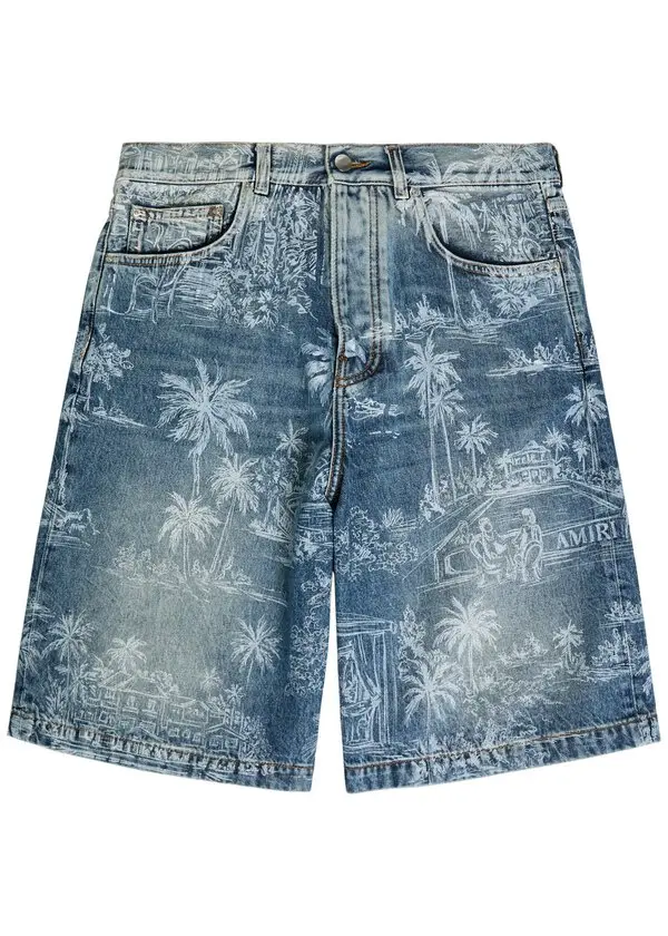 Amiri Palm Printed Denim Shorts - Indigo