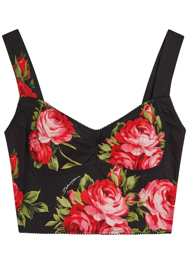 Dolce & Gabbana Floral-print Cropped Cotton-blend Top - Multicoloured 1