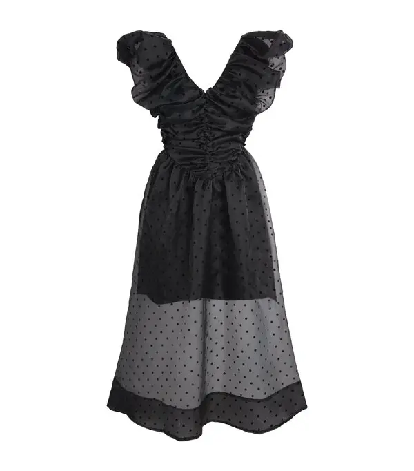 GANNI Organza Polka Dot Midi Dress - Black
