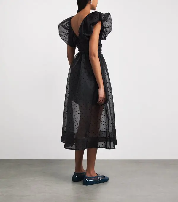 ganni organza midi dress GANNI Ruched flocked polka-dot recycled organza midi dress