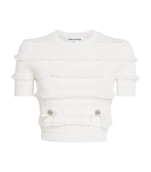 SELF-PORTRAIT Pointelle Knitted Short-sleeve Sweater - White