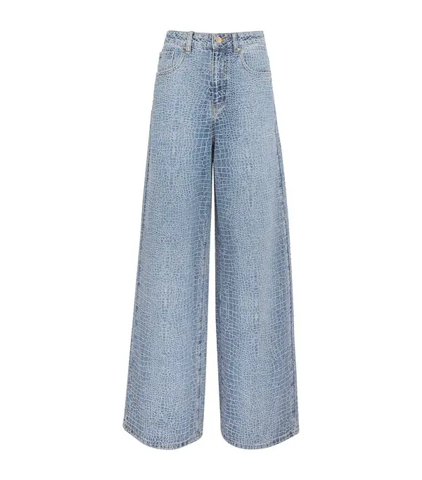 SELF-PORTRAIT Croc-effect Wide-leg High-rise Jeans - Blue