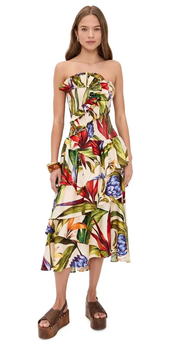 Farm Rio Floral Strapless Midi Dress - Florart Sand