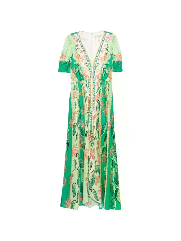 Saloni Lea Floral-print V-neck Midi Dress - Green