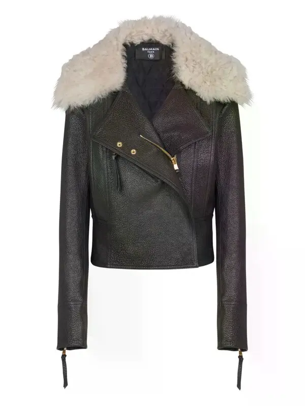 Balmain Shearling-collar Lambskin Biker Jacket